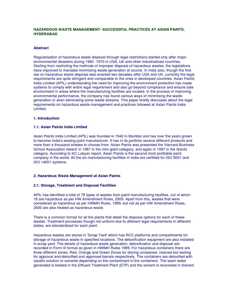 Asian PAints Case Study Project | PDF | Hazardous Waste | Waste