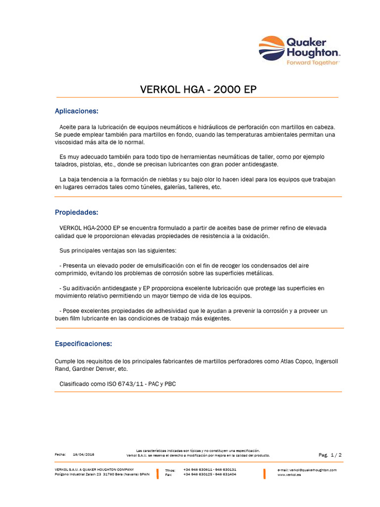 Verkol Hga 2000 Ep | PDF | Lubricante | Materiales