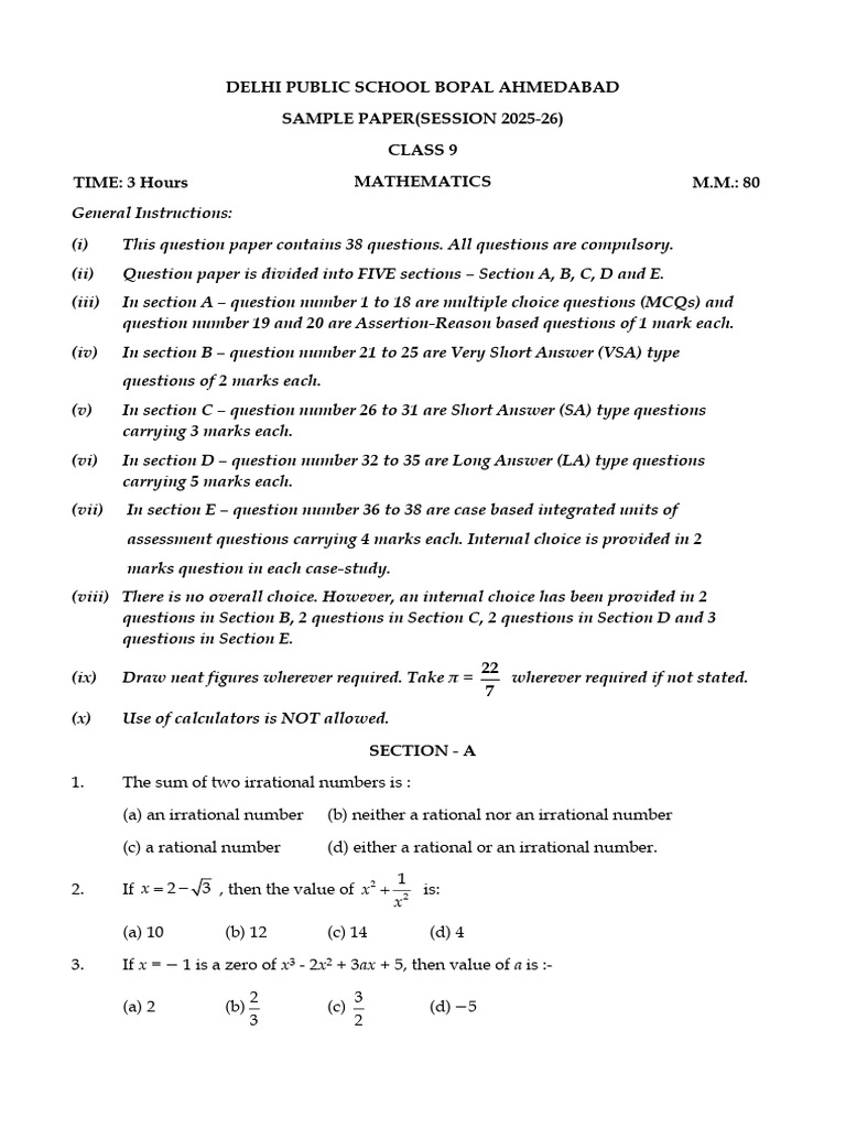 Sample Paper - Math - 9 - Annual - 2025-26 | PDF | Triangle | Angle