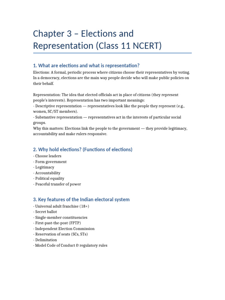 Elections and Representation Class11 | PDF | Elections | Electoral District