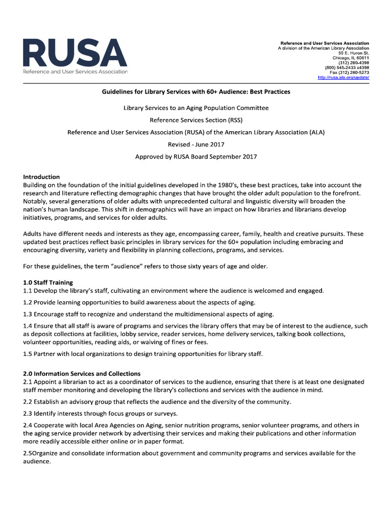 Guidelines For Library Services With 60+ Audience Best Practices | PDF