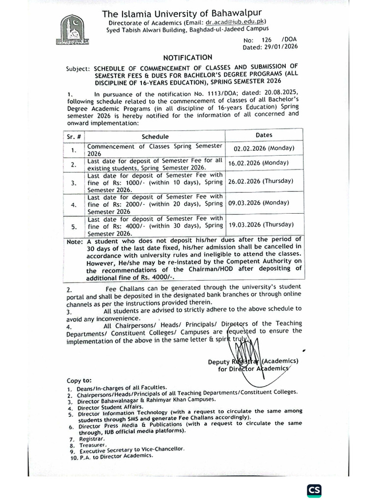 Commencement of Classes and Semester Fee Schedule Spring 2026 | PDF
