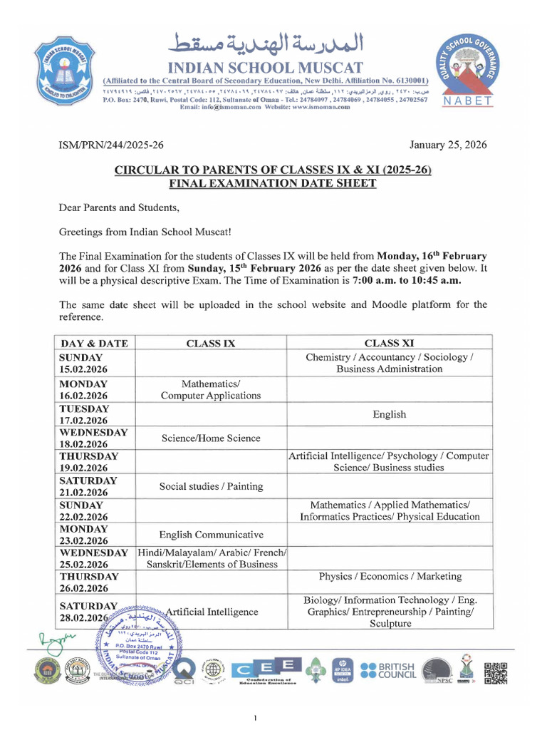 Circular - Final Examination Datesheet - Class Ix and Xi | PDF