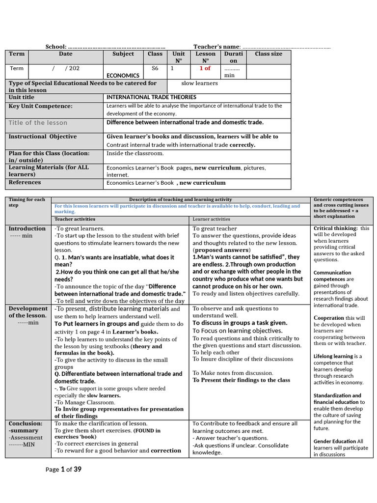 Economics Lesson Plan S6mce | PDF | Learning | Teachers