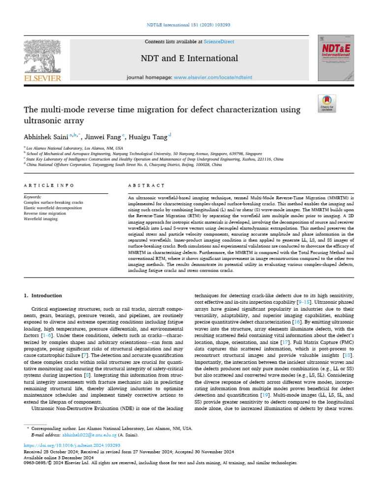 The Multi-Mode Reverse Time Migration For Defect Characterization Using ...
