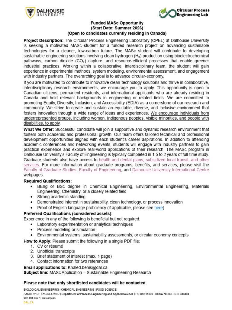 Funded MASc Opportunity - Summer 2026 | PDF | Engineering | Sustainability