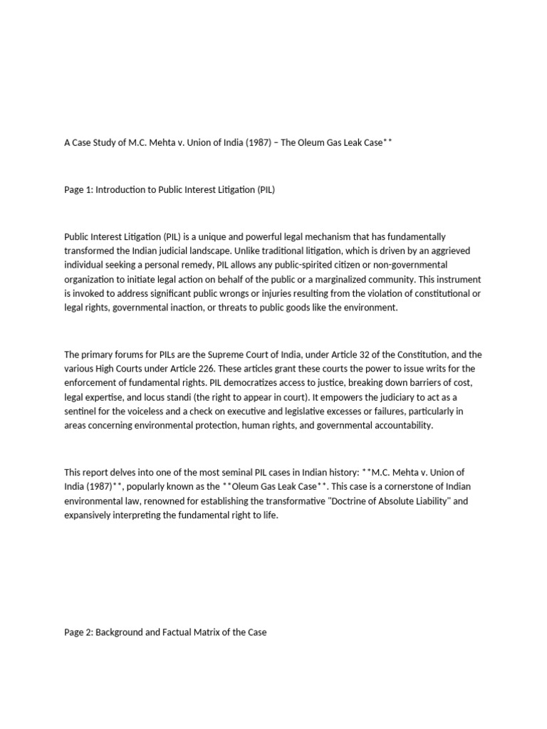 A Case Study of M.C. Mehta v. Union of India (1987) – the Oleum Gas ...