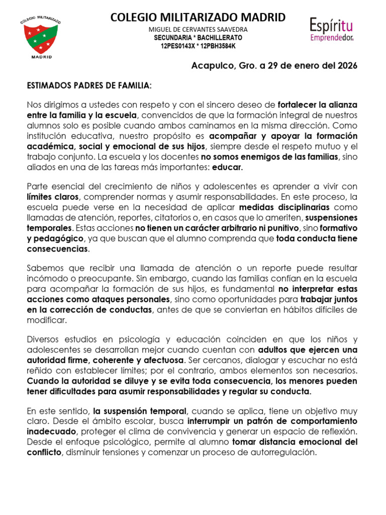 Carta para Padres 2026 | PDF | Escuelas | Comportamiento