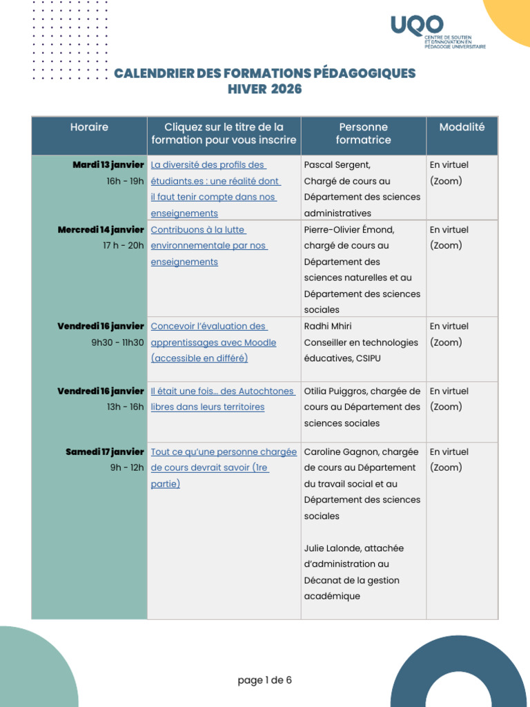Calendrier Des Formations Du CSIPU en Pédagogie Universitaire - H2026 ...