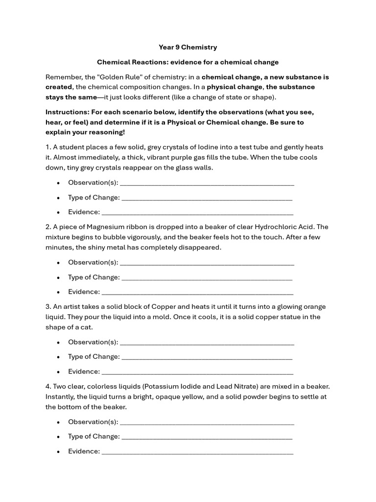 Year 9 - Chemical Reactions - Evidence For Chemical Change | PDF ...