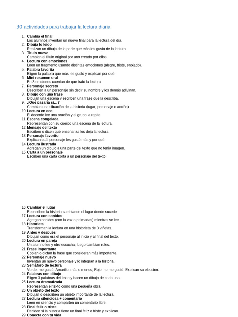 30 Actividades para Trabajar La Lectura Diaria | PDF