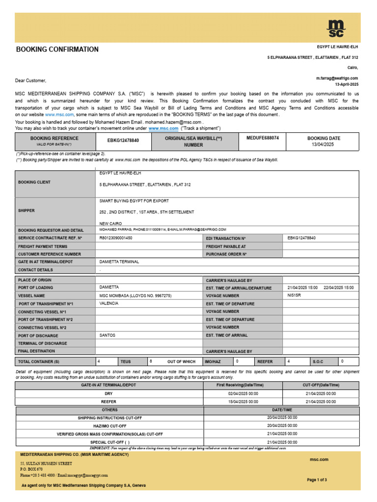 Booking Confirmation (16) | PDF | Cargo | Bill Of Lading
