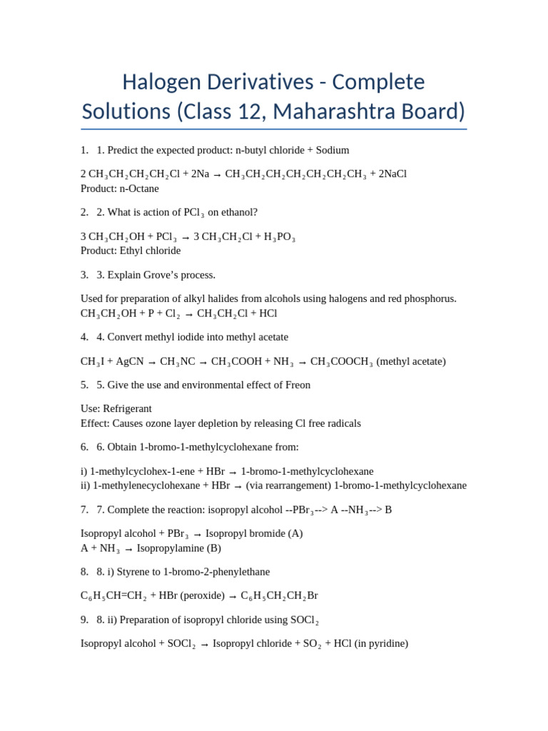 Halogen Derivatives Solutions Typed | PDF
