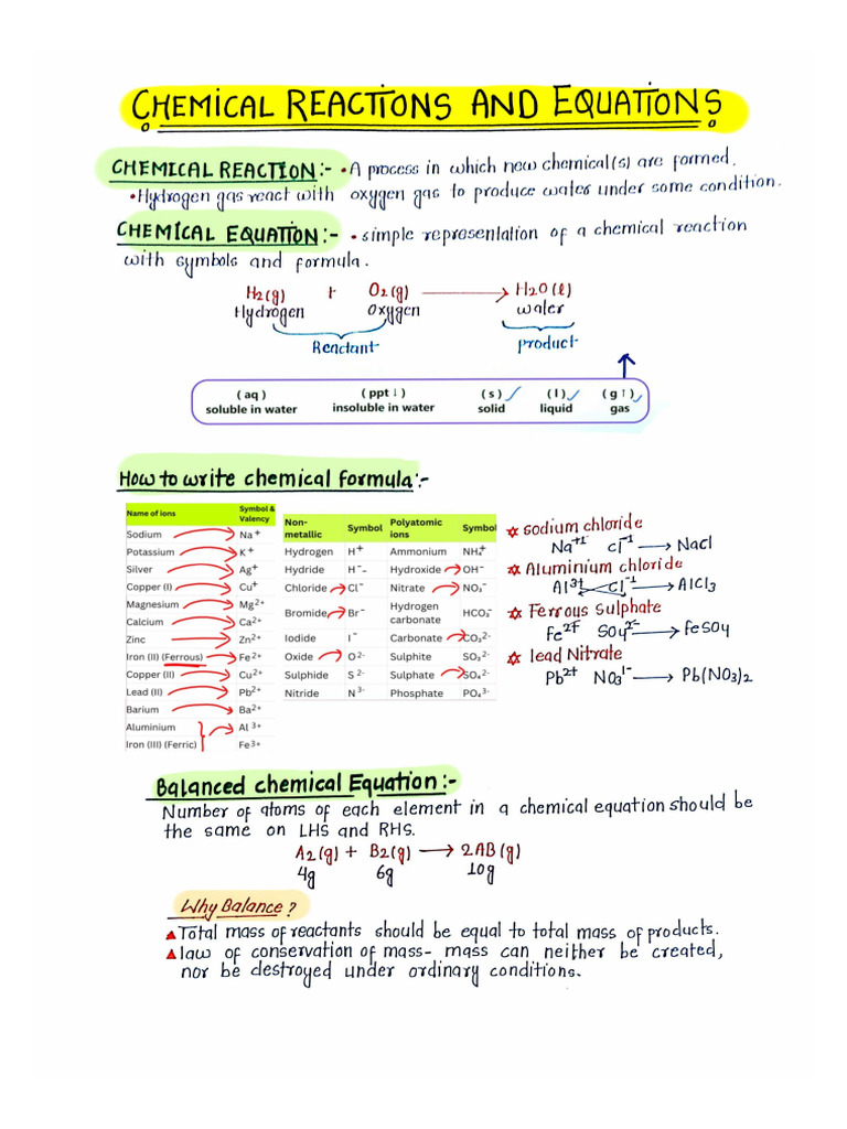Chemical Reaction & Equations Handwritten Notes - 251231 - 120542 | PDF