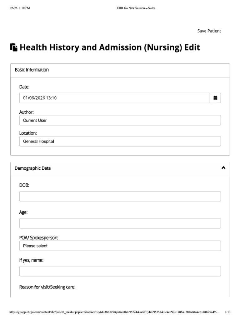 Health History and Admission EHRGo Sheet | PDF