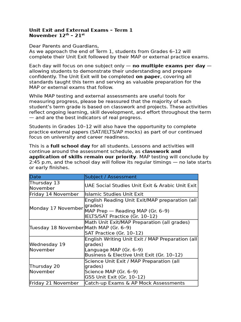 Unit Exit and External Exams. Parents Coms | PDF
