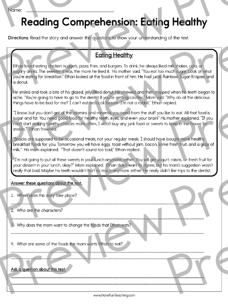 Eat Healthy Reading Comprehension Worksheet Preview | PDF