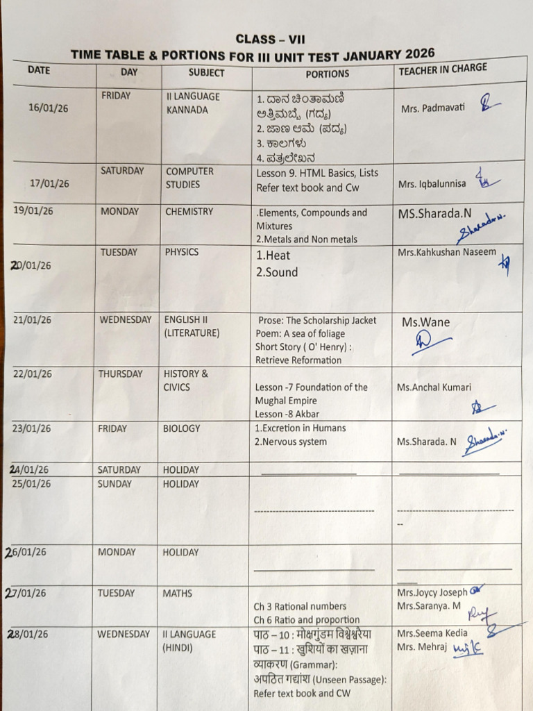 3rd Unit Test Timetable & Portions | PDF