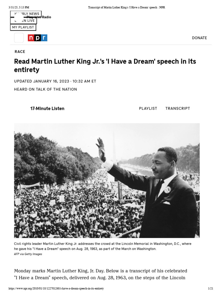 Transcript of Martin Luther King's 'I Have a Dream' Speech _ NPR | PDF ...