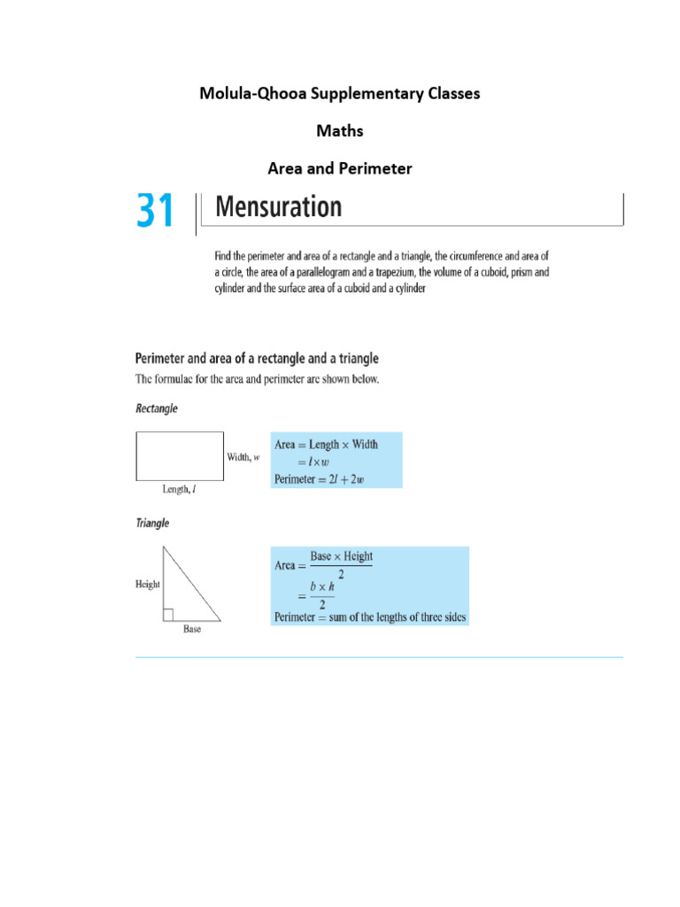 Maths Notes-Area and Perimeter | PDF