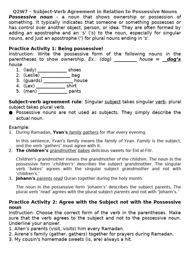 Q2W7 Activity Sheets - Subject-Verb Agreement in Relation to Possessive ...