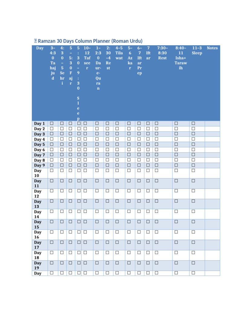 Ramzan 30 Days Column Planner | PDF
