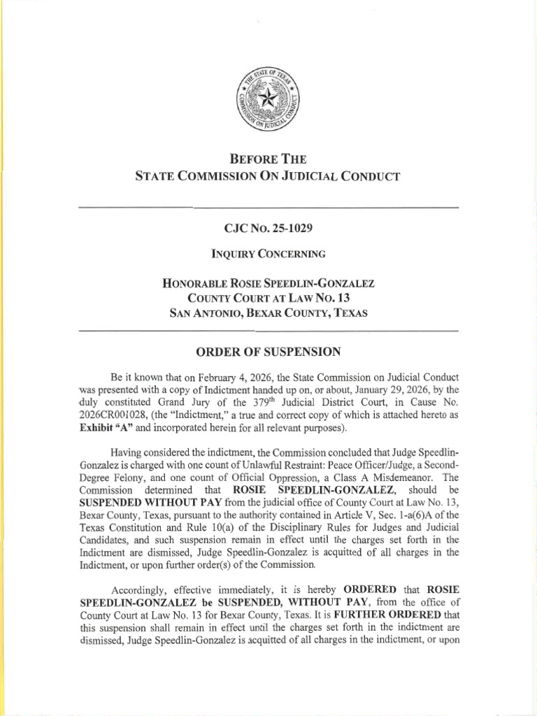 Judge Rosie Speedlin Gonzalez Order of Suspension | PDF | Grand Jury ...