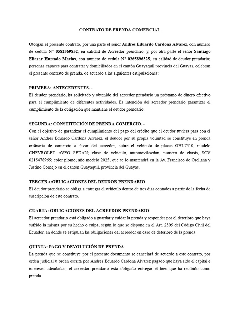 Contrato de Prenda Comercial (1) | PDF | Pagos