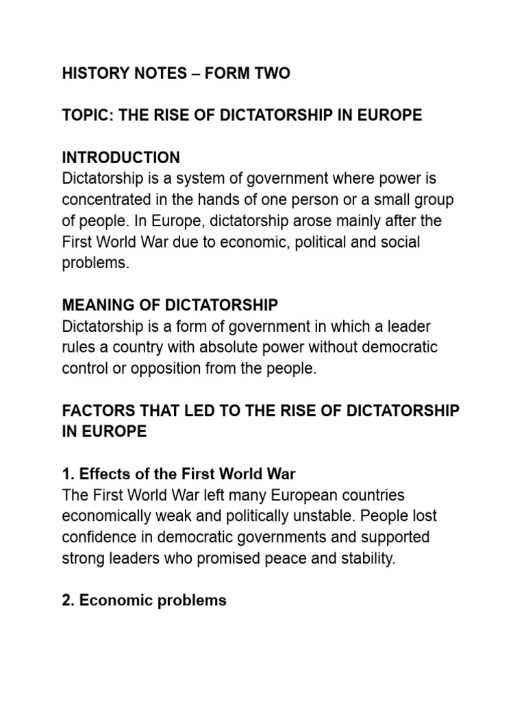 History Notes - Form Two | PDF | Dictatorship | Dictator