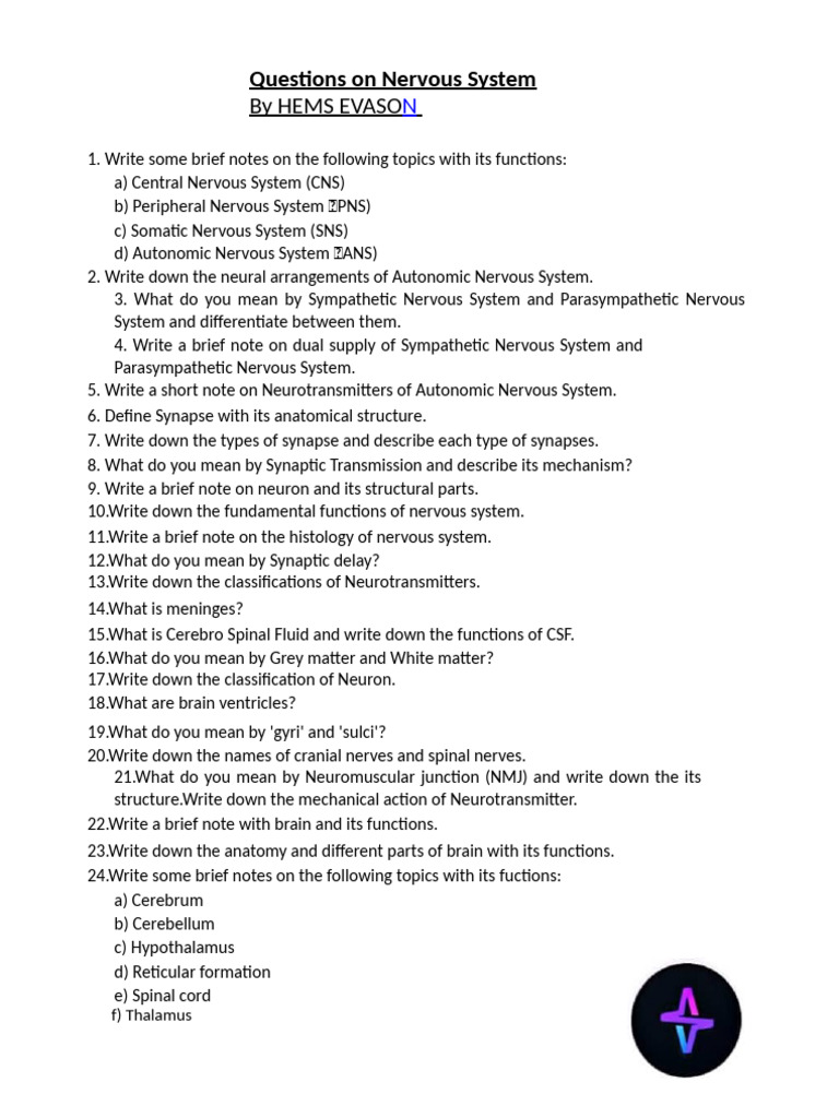 To Word_Nervous system Questions | PDF | Nervous System | Axon