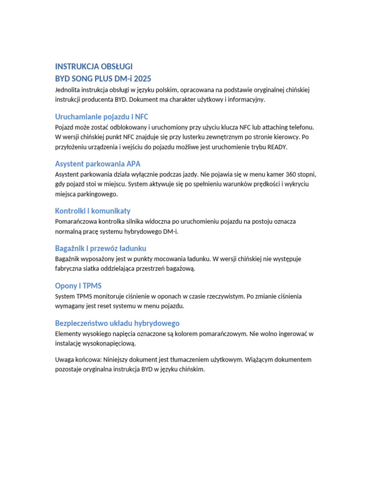 BYD Song Plus DMi 2025 Instrukcja PL | PDF