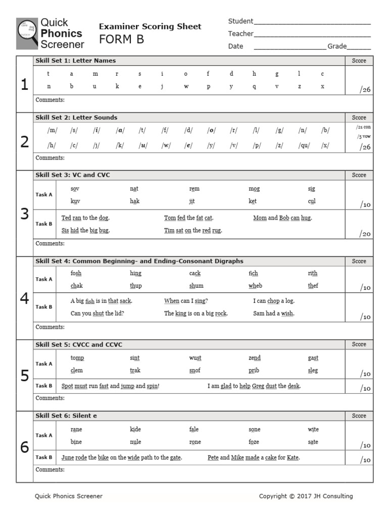 QPS Quick Phonics Screener - Examiner Form | PDF
