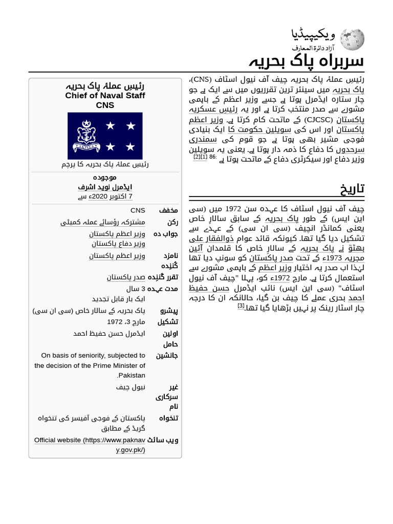 Pakistan Navy Chief of the Naval Staff from 1947 to 2026 (in Urdu) | PDF