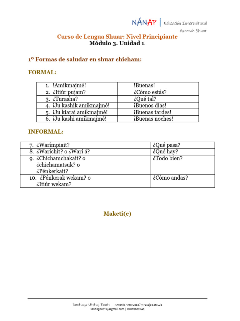 1º Clase Shuar Nivel Principiante | PDF