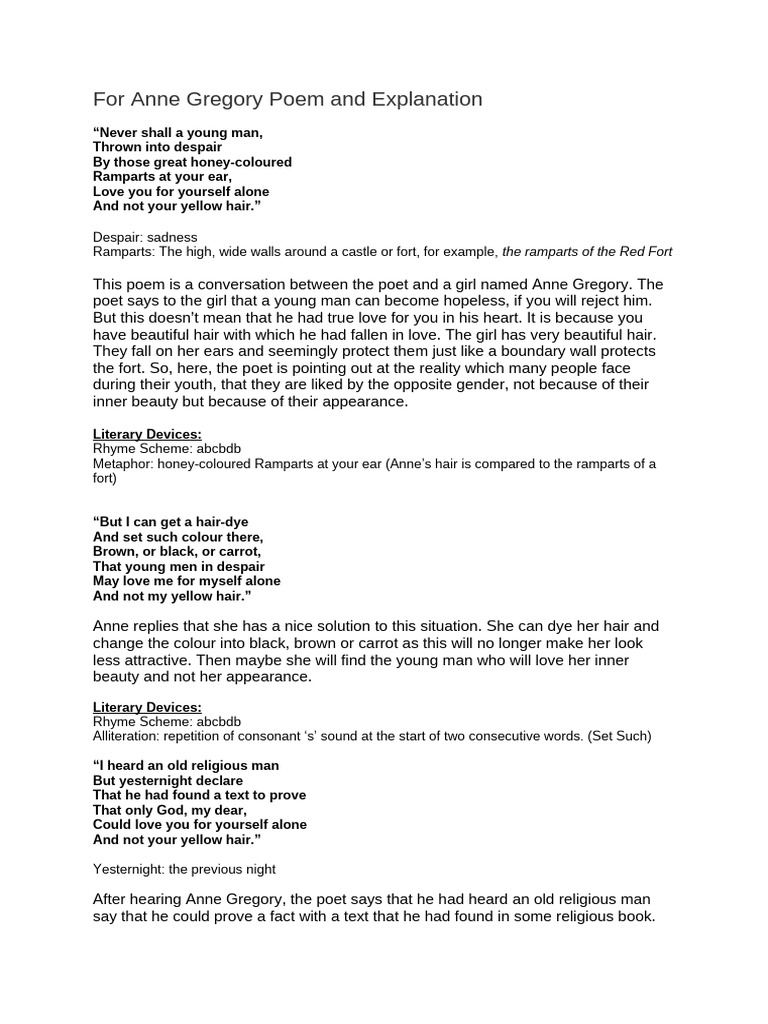 For Anne Gregory Poem and Explanation | PDF