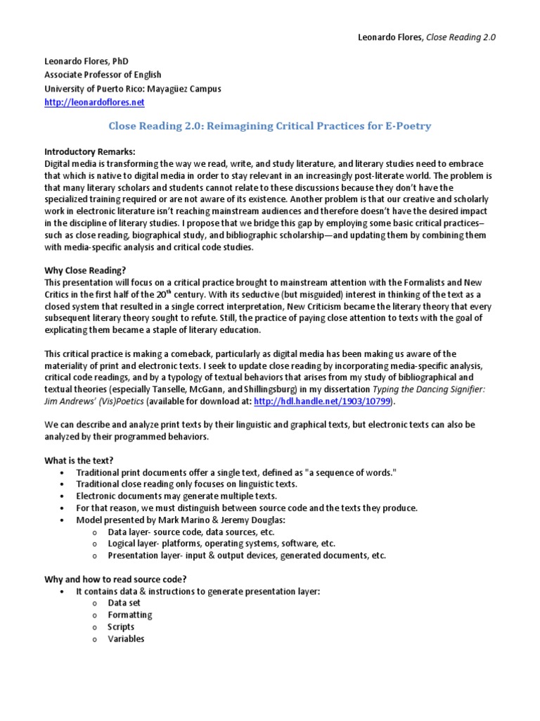 Close Reading 2.0 Outline | PDF | Literary Criticism | Source Code