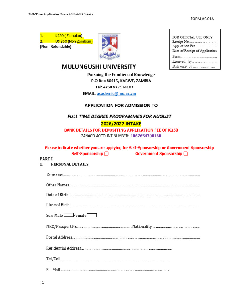 2026-2027 Fulltime Application Form | PDF | Bachelor's Degree ...