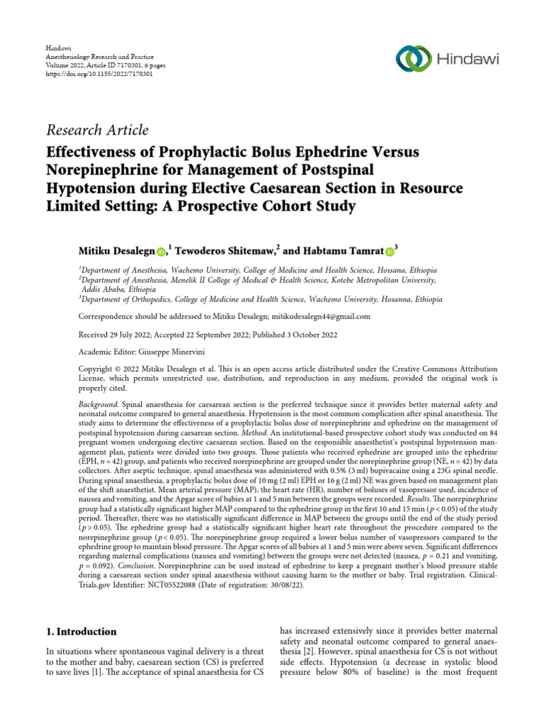 Ephedrine vs NE | PDF | Anesthesia | Caesarean Section