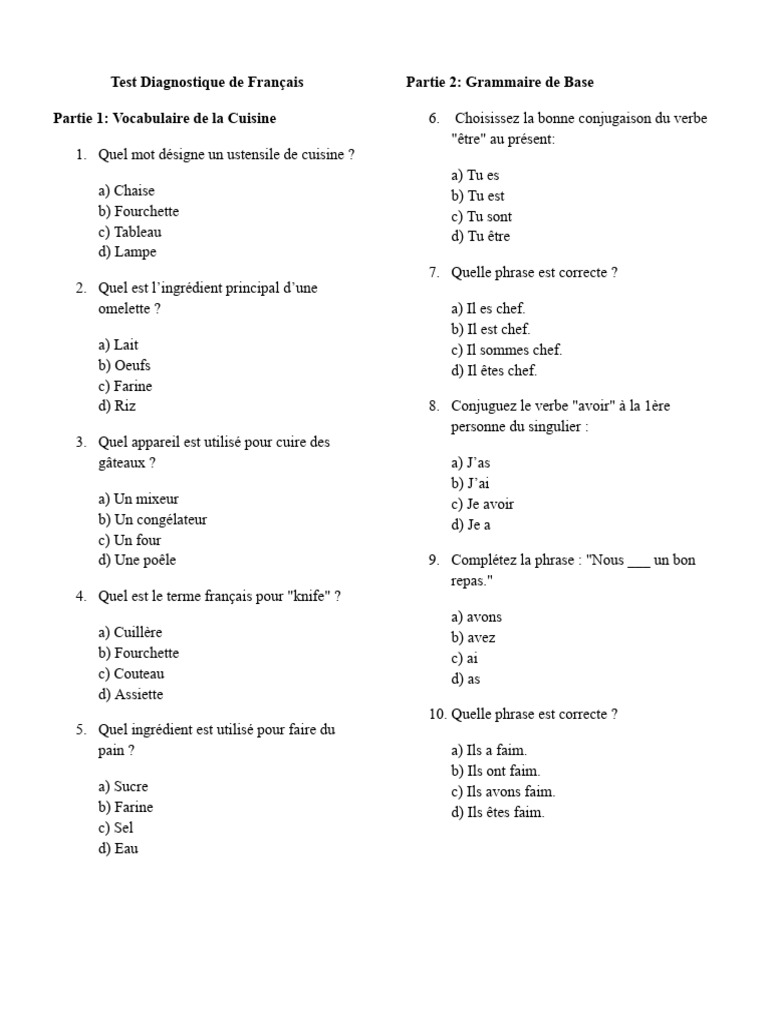Test Diagnostique de Français | PDF | Nourritures | Cuisine