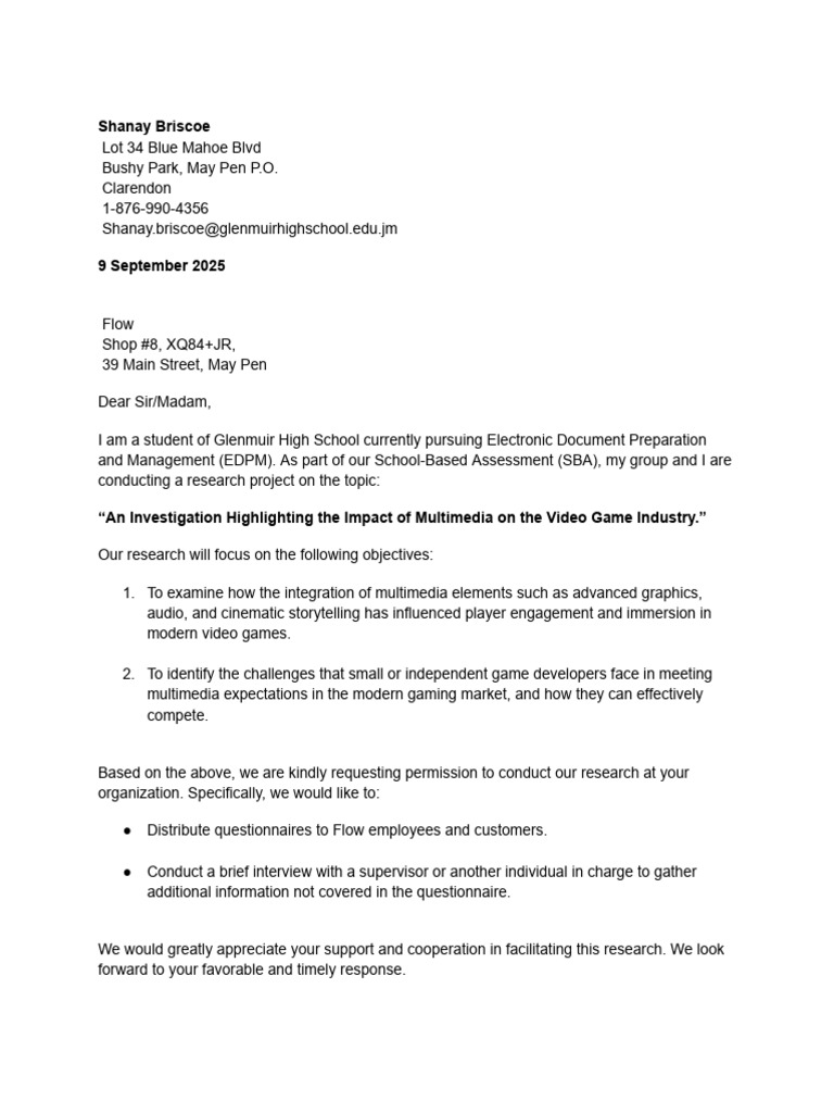 Corey Brown - Permission Letter SBA | PDF