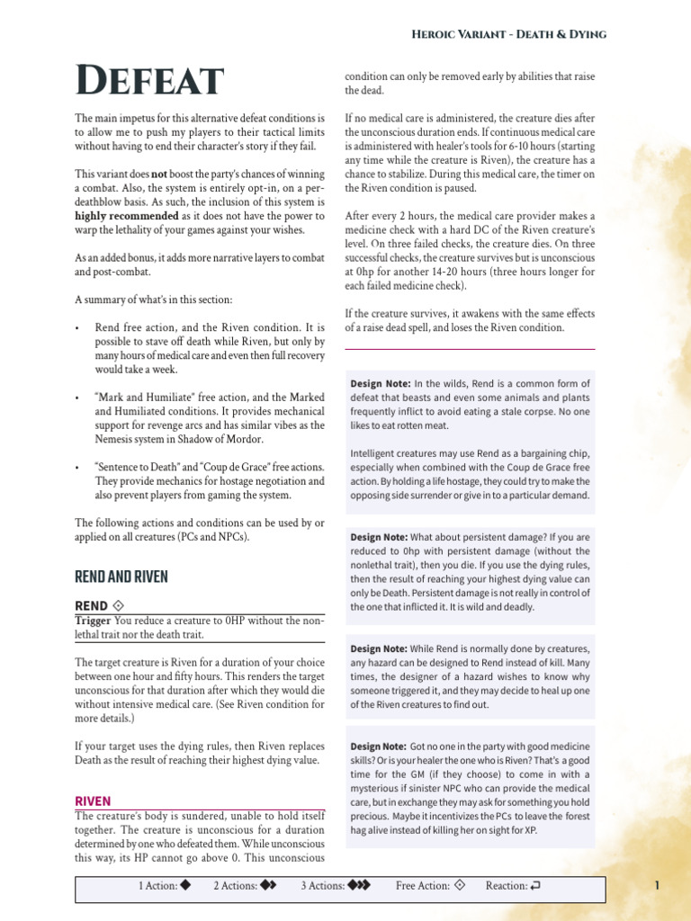 Additional Death Dying Options for Heroic PF2e | PDF