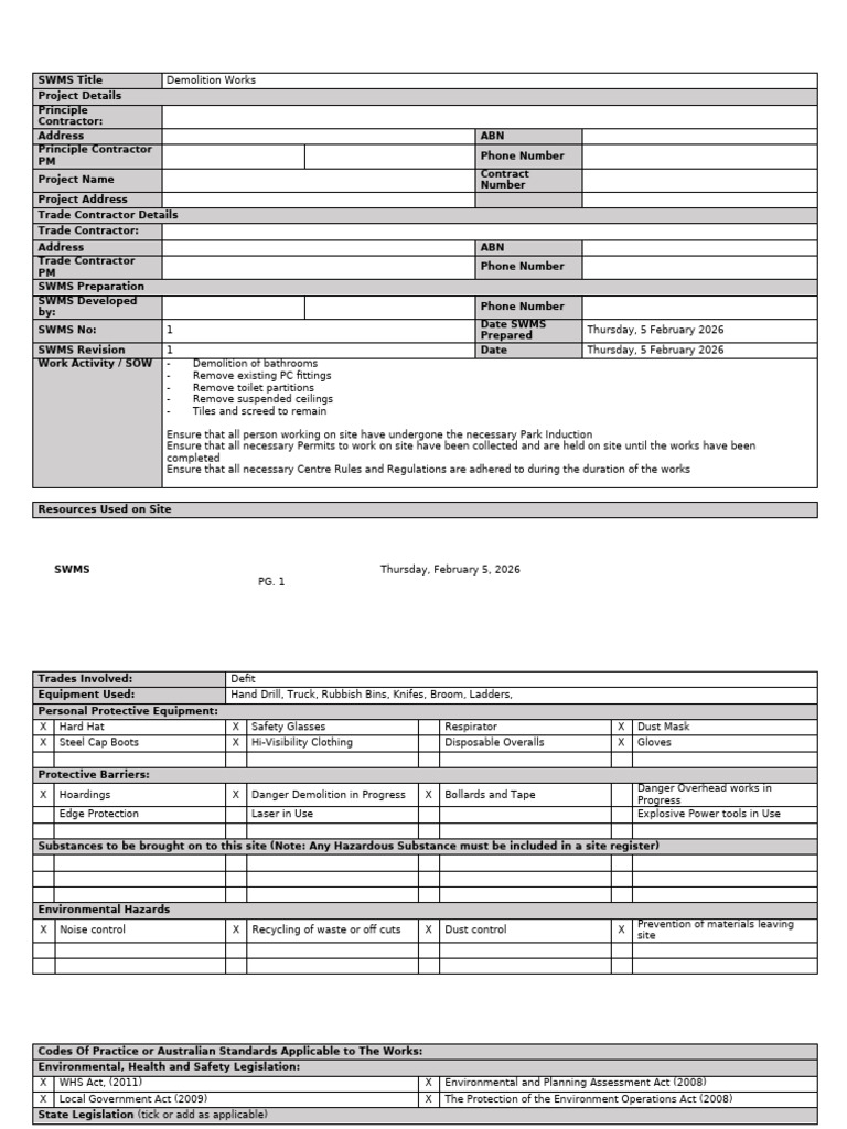 SWMS - Defit - Blank | PDF | Occupational Safety And Health | Personal ...
