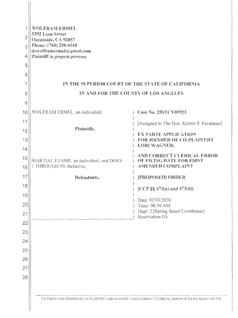 25STCV05923-EX PARTE FOR JOINDER TO ADD CO-PLAINTIFF LORI WAGNER ...