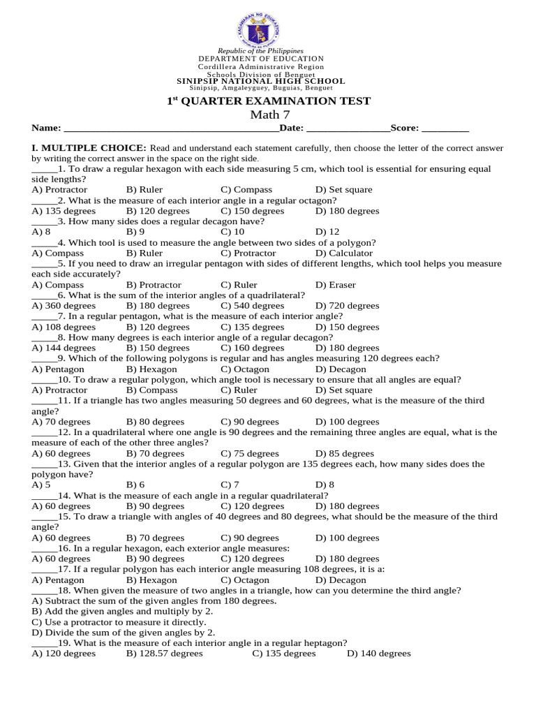 Math 7-TQ- 1st Quarter | PDF | Polygon | Angle