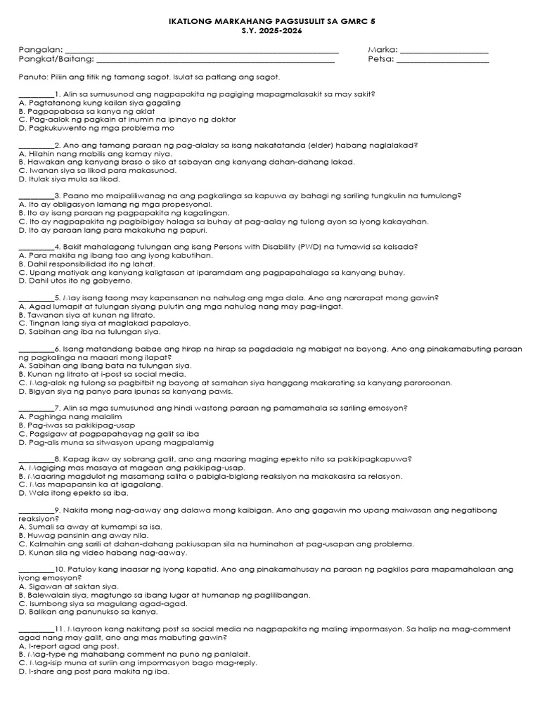 IKATLONG MARKAHANG PAGSUSULIT SA GMRC 5 Edited | PDF
