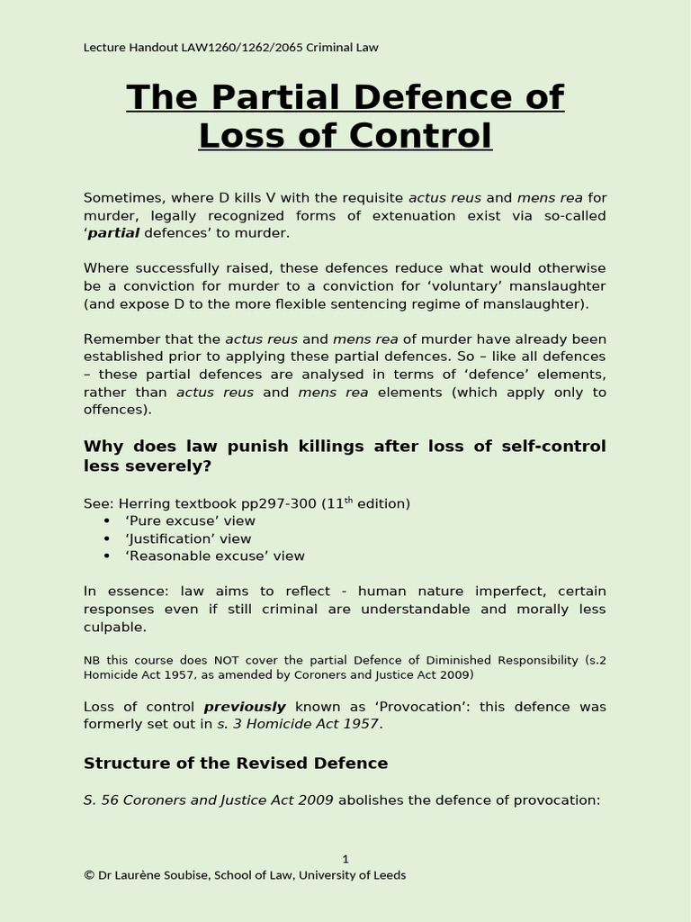 Loss of Control Handout_2425 | PDF | Mens Rea | Manslaughter