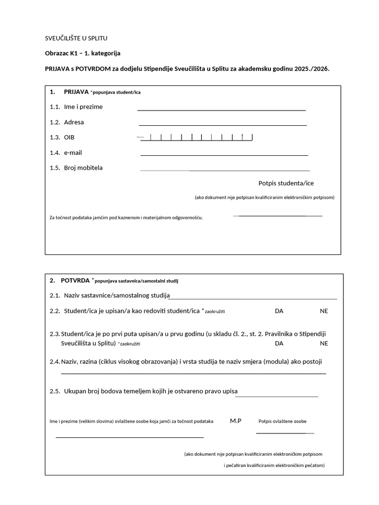 K1 Obrazac Prijava I Potvrda Stipendija 2025 2026 | PDF