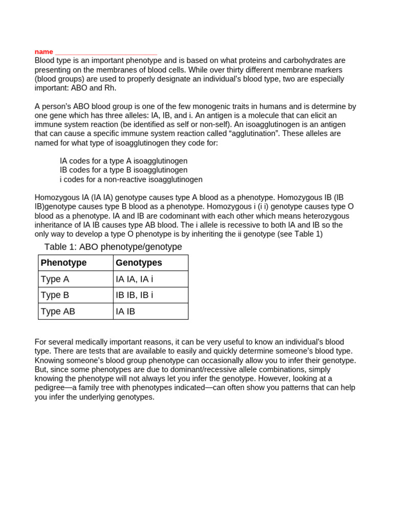 Lab 10 - Blood Type Pedigree | PDF | Genotype | Dominance (Genetics)