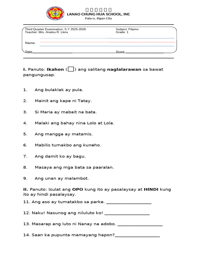Q3 Filipino Exam | PDF