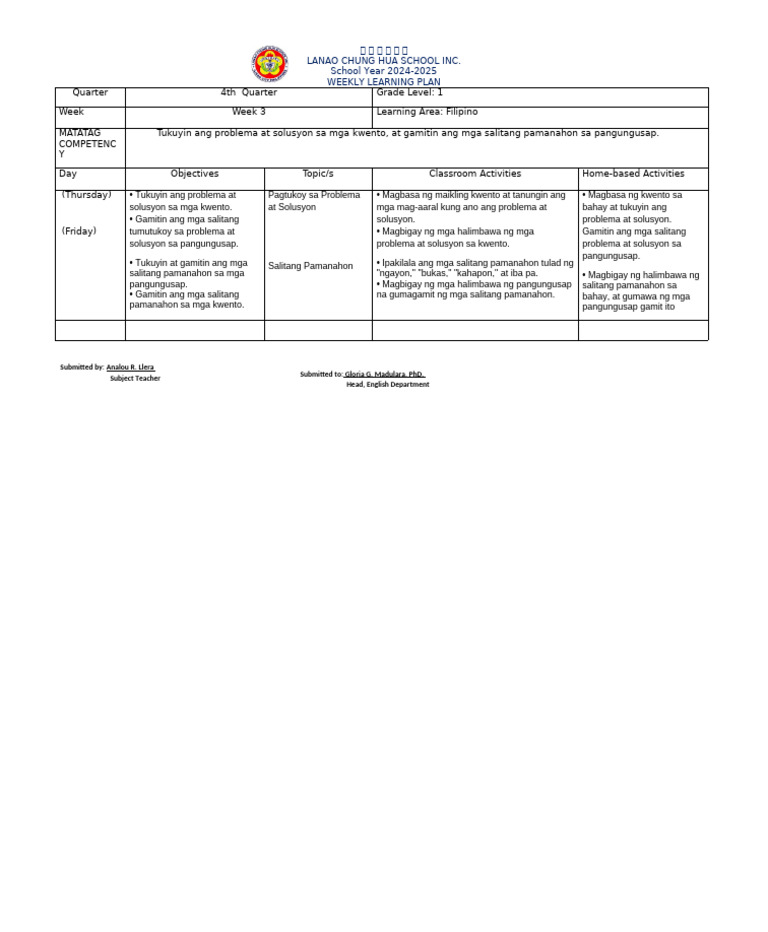 Q4 Week 3 Filipino Weekly Plan | PDF